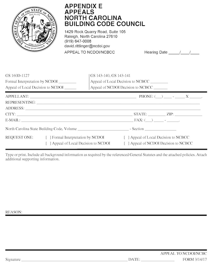 APPENDIX E APPEALS NORTH CAROLINA BUILDING CODE COUNCIL - 2018 NORTH CAROLINA STATE BUILDING ...